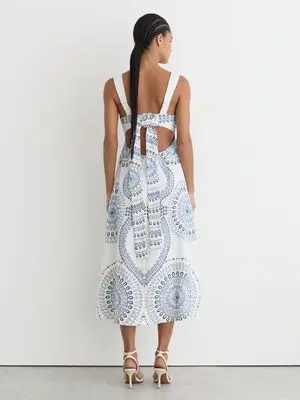 REISS Addison Linen Floral-print Midi Dress - Ivory/blue