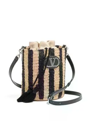 Valentino Garavani Small Bucket Bag In Striped Raffia - Neutrals