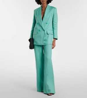 Max Mara Deserto Herringbone Linen Wide-leg Pants - Blue