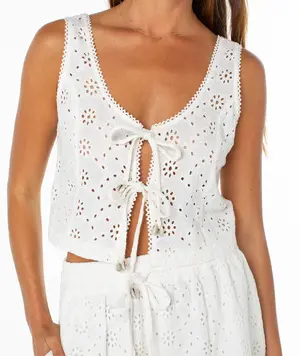 Roxy Kayla Eyelet Tank Top With Front Ties - Cloud Dancer Solid