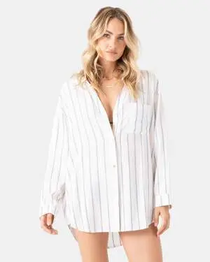 Roxy After Surf Stripe Cover Up Shirt Dress Kaftan - Egret