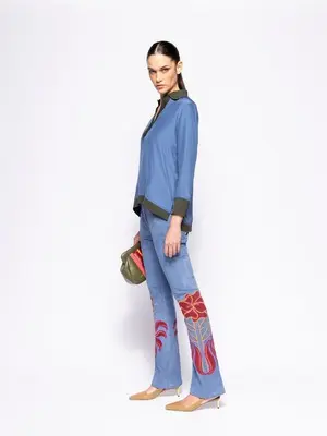 PAULA Diane Dutch V-neck Long-sleeve Top - Blue