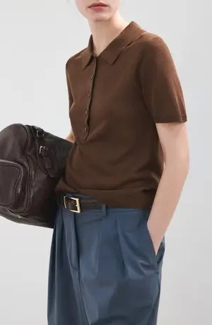 Mango Short Sleeve Jersey Polo Sweater - Chocolate