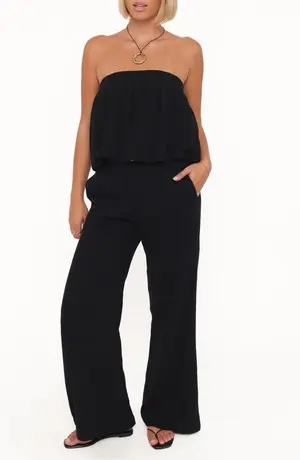 PETAL & PUP Olivia Cotton Strapless Top And Wide Leg Pants Set - Black