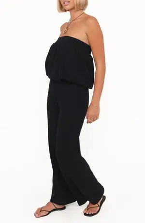 PETAL & PUP Olivia Cotton Strapless Top And Wide Leg Pants Set - Black