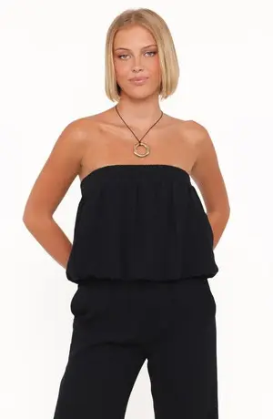PETAL & PUP Olivia Cotton Strapless Top And Wide Leg Pants Set - Black