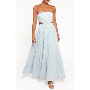 PETAL & PUP Cadence Cutout Strapless Tiered Maxi Dress - Blue