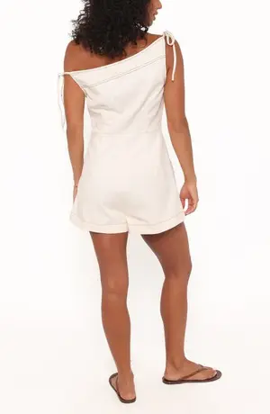 PETAL & PUP One-shoulder Denim Romper With Tie Straps - Bone