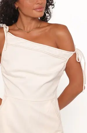 PETAL & PUP One-shoulder Denim Romper With Tie Straps - Bone
