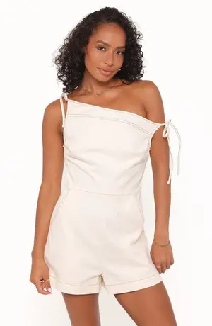 PETAL & PUP One-shoulder Denim Romper With Tie Straps - Bone