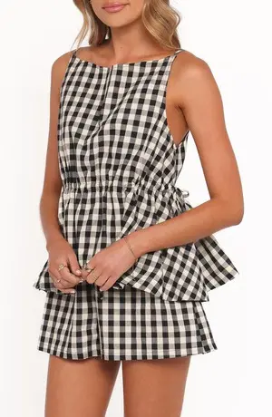 PETAL & PUP Gingham Cotton Peplum Tank - Black Gingham