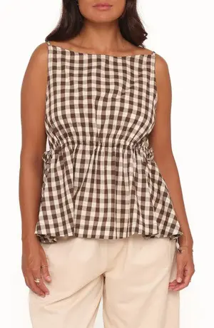 PETAL & PUP Gingham Cotton Peplum Tank - Brown Gingham