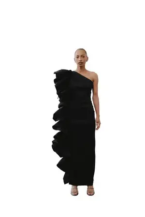 SEZ Sevilla Dress One Shoulder Taffeta Gown With Ruffles - Black