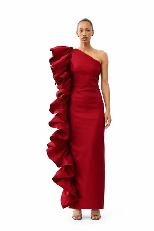 SEZ Sevilla Dress One Shoulder Taffeta Gown With Ruffles - Cherry Red