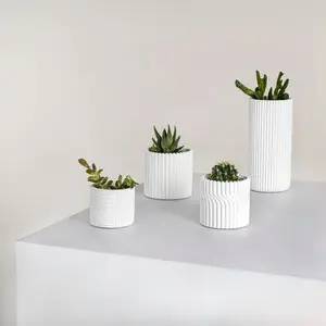 JONATHAN Y Noa Modern Minimalist Handmade Concrete Fluted Cylinder Planter Set - White