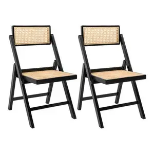 JONATHAN Y Theo Mid-century Wood And Rattan Armless Folding Chairs - Black