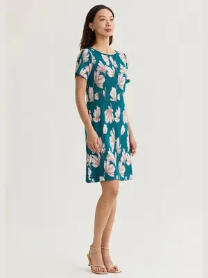 Misook A-line Floral Soft Knit Dress - Spruce