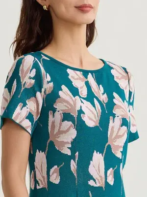Misook A-line Floral Soft Knit Dress - Spruce
