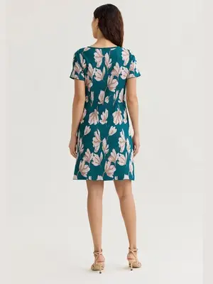 Misook A-line Floral Soft Knit Dress - Spruce