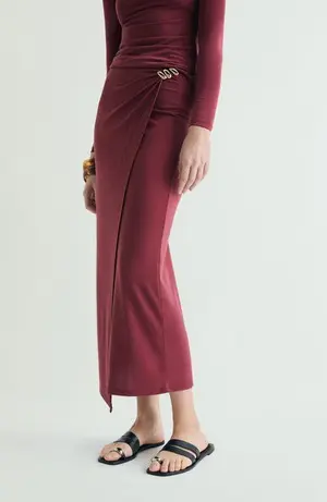 SCALPERS Midi Cupro Skirt With Brooch