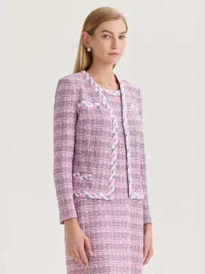 Misook Tailored Braided Trim Tweed Knit Jacket