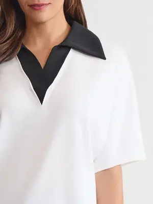 Misook Mixed Media Soft Knit Shirt With Contrasting Collar - White