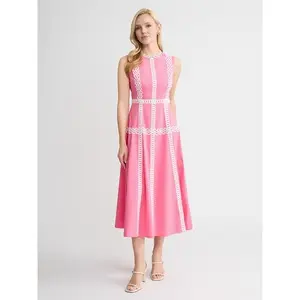 Misook Fit & Flare Cotton Eyelet Trim Maxi Dress - Pink