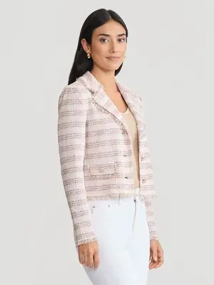 Misook Plaid Fringe Trim Knit Jacket - Biscotti/charmeuse
