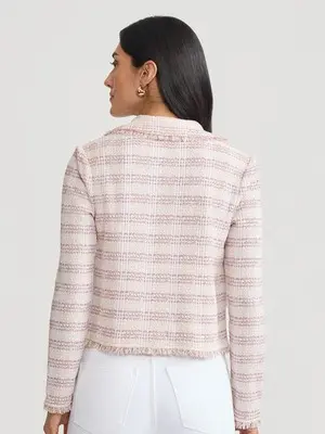 Misook Plaid Fringe Trim Knit Jacket - Biscotti/charmeuse