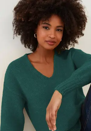 JOE BROWNS V-neck Pullover Sweater With Blouson Sleeves - Teal