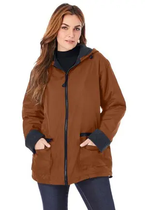 Roaman's Hooded Fleece-lined Nylon Jacket - Cognac