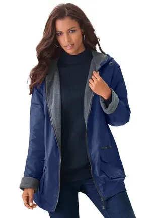 Roaman's Hooded Fleece-lined Nylon Jacket - Evening Blue