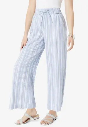 Roaman's Linen Wide Leg Pants With Drawstring Waist - Sandy Beige
