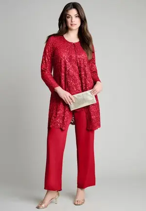 ROAMAN'S Sequin Lace Jacket And Tank With Georgette Pants Set - Classic Red