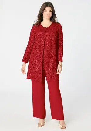 Roaman's Allover Sequin Lace Jacket, Tank, And Pant Set - Classic Red