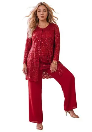 Roaman's Allover Sequin Lace Jacket, Tank, And Pant Set - Classic Red