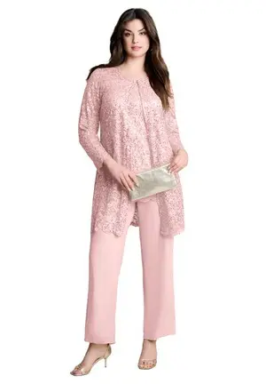 Roaman's Allover Sequin Lace Jacket, Tank, And Pant Set - Pale Blush