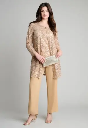 Roaman's Allover Sequin Lace Jacket, Tank, And Pant Set - Pale Blush