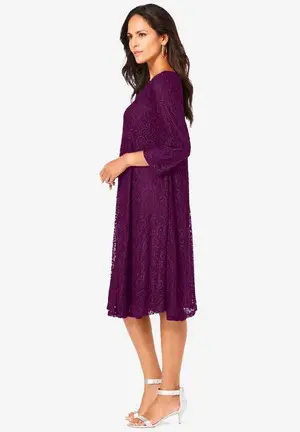 Roaman's 3/4 Sleeve Boatneck Lace Swing Dress - Dark Berry
