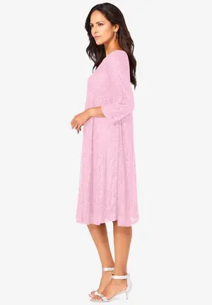 Roaman's 3/4 Sleeve Boatneck Lace Swing Dress - Dark Berry