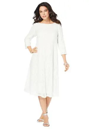 Roaman's 3/4 Sleeve Boatneck Lace Swing Dress - White