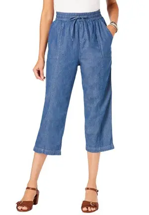 Roaman's Chambray Wide Leg Capri Pants - Light Stonewash