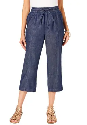 Roaman's Roaman's Chambray Wide Leg Capri Pants Medium Wash