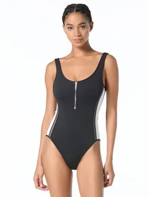 Michael Kors Signature Scuba Zip Front One-piece Swimsuit - Black
