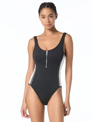 Michael Kors Signature Scuba Zip Front One-piece Swimsuit - Black