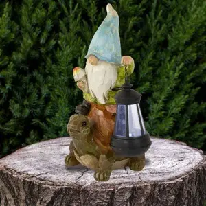 NORTHLIGHT 12.5" Solar Led Lighted Gnome And Turtle Outdoor Garden Statue