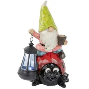 NORTHLIGHT 12.25" Solar Led Lighted Gnome And Ladybug Outdoor Garden Statue - Red