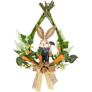 NORTHLIGHT Farmer Bunny Moss Vines Teardrop Easter Wreath22" And Orangeunlit