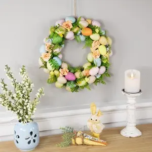NORTHLIGHT Roses And Easter Eggs Small Artificial Spring Wreath15