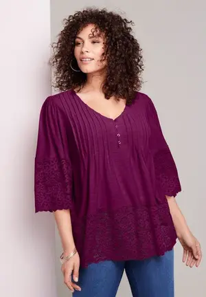 Roaman's Lace-hem Pintuck Tunic - Dark Berry